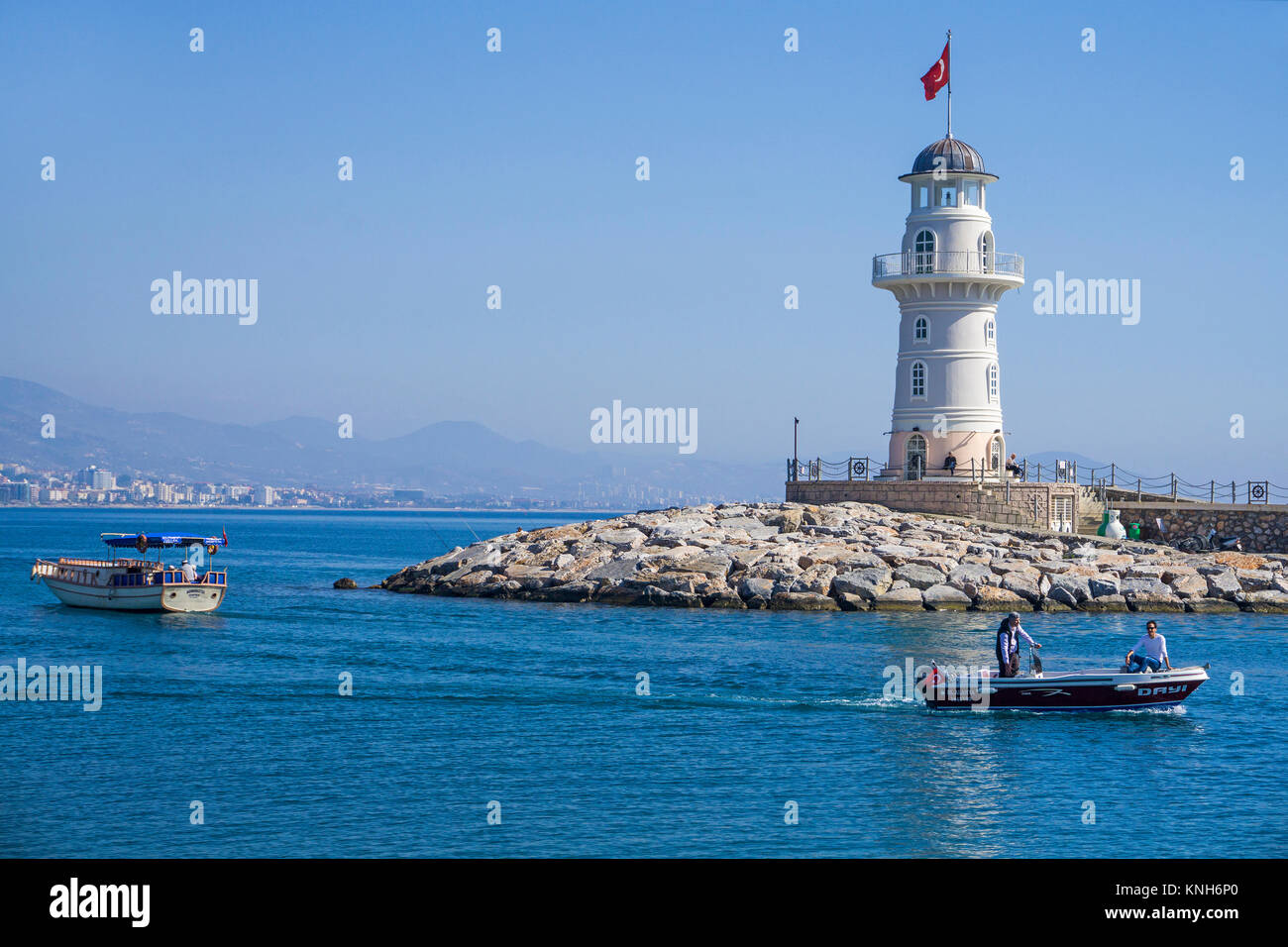 Lighthouse at the harbour access, Alanya, turkish riviera, Turkey Stock ...