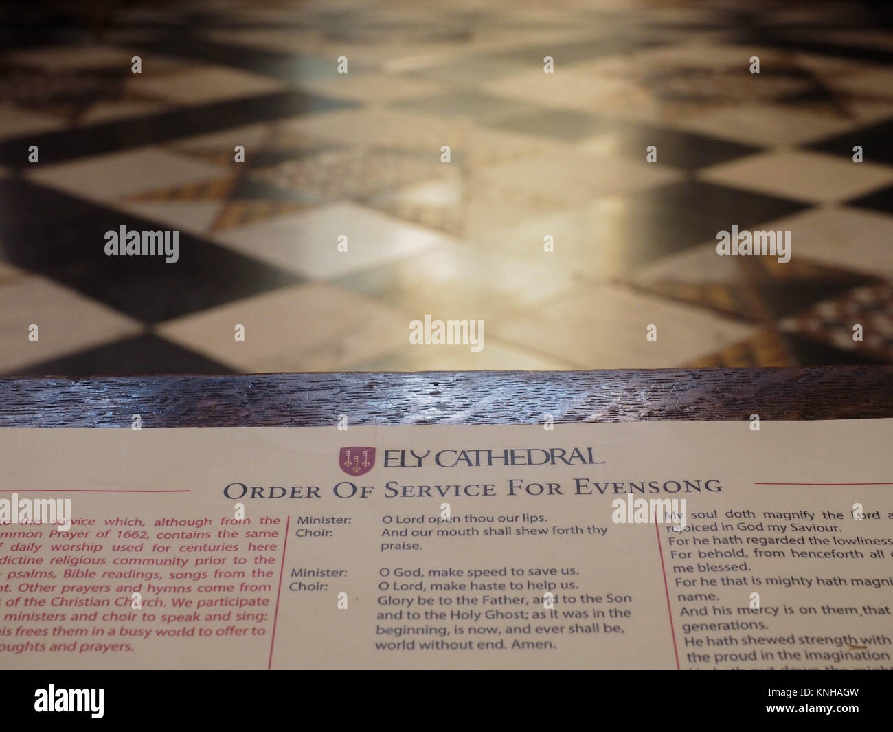 PRINTED ORDER OF SERVICE FOR EVENSONG ON PEW, INTERIOR OF ELY CATHEDRAL ...