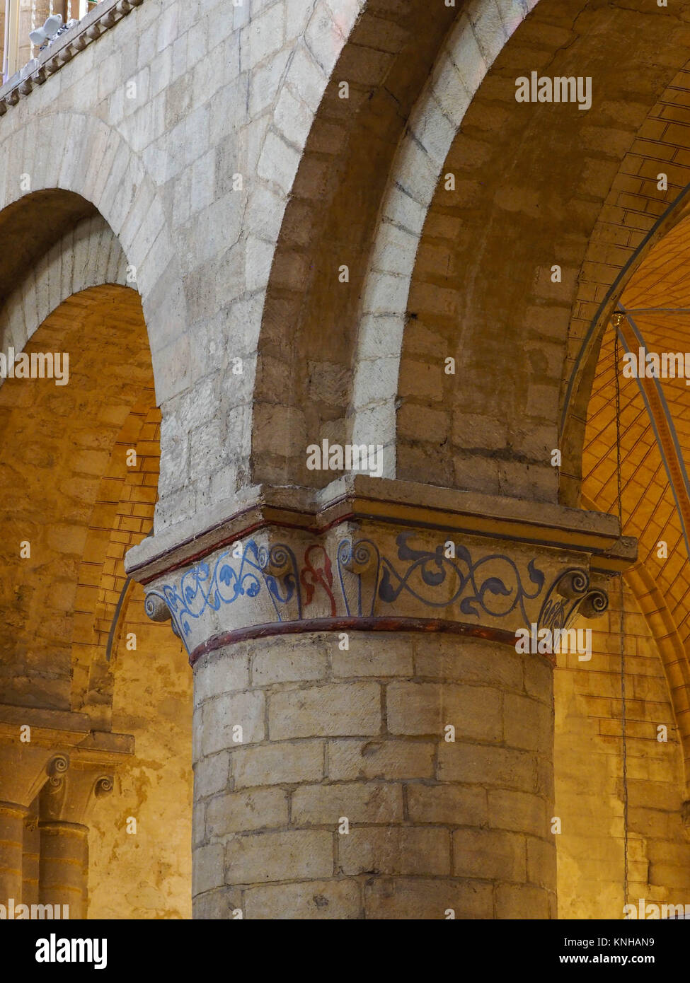 DETAIL OF STONE PILLARS WITH BLUE PAINTED DECORATION,INTERIOR OF ELY ...