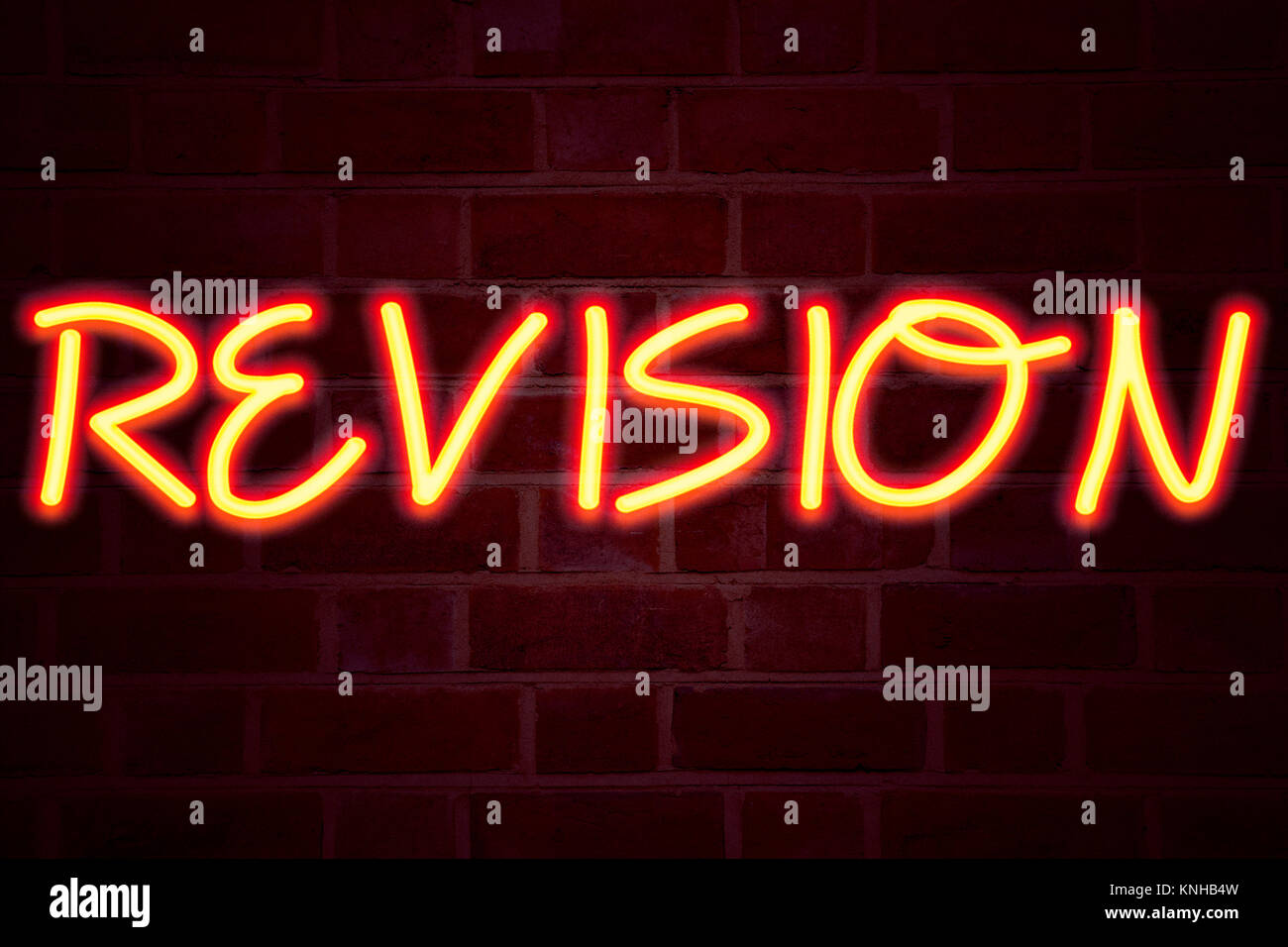 Revision neon sign on brick wall background. Fluorescent Neon tube Sign ...