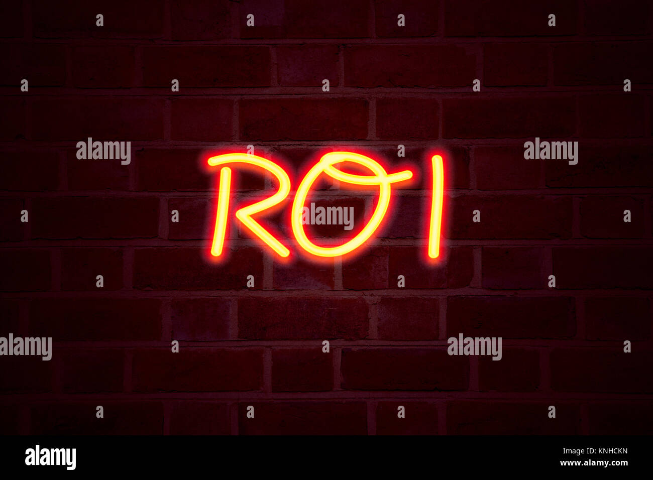ROI neon sign on brick wall background. Fluorescent Neon tube Sign on ...