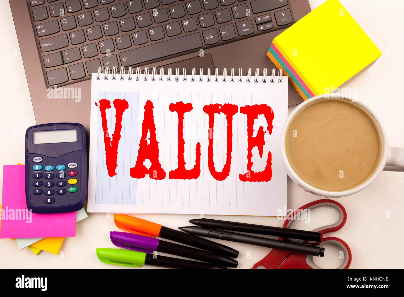 Word writing Value in the office with laptop, marker, pen, stationery ...