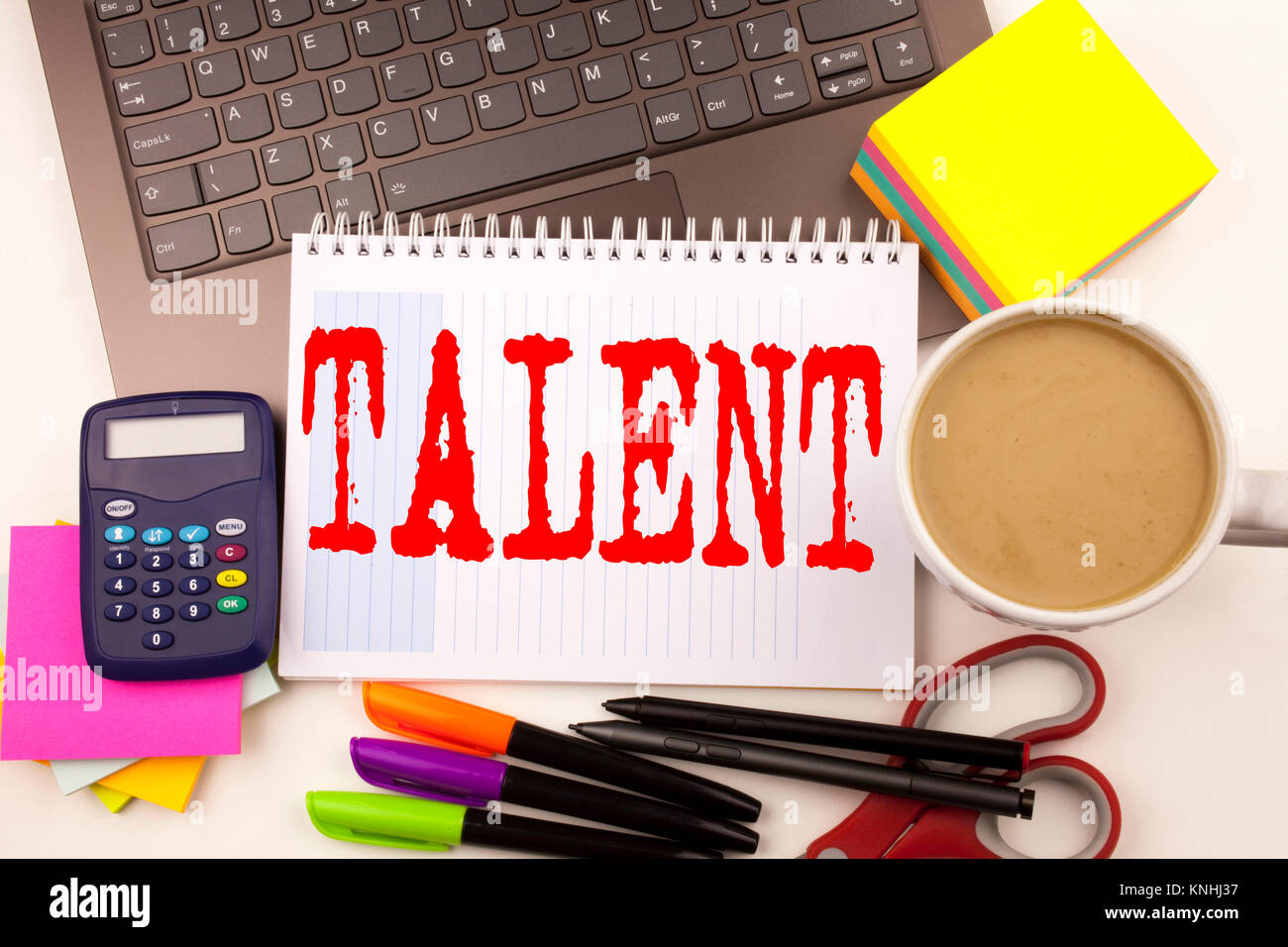 Word writing Talent in the office with laptop, marker, pen, stationery ...