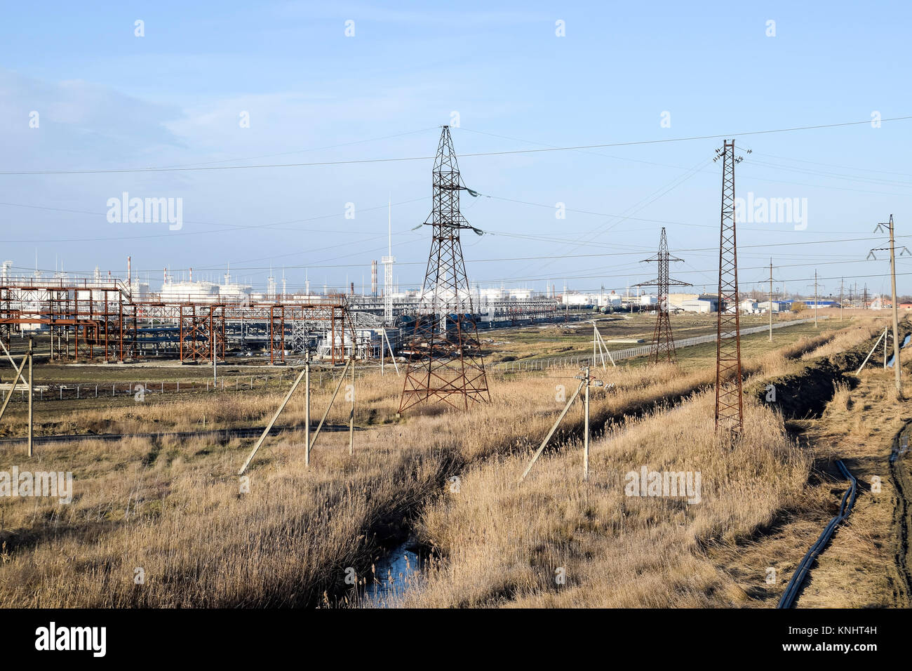 Distillation columns, pipes and other equipment furnaces refinery. The ...