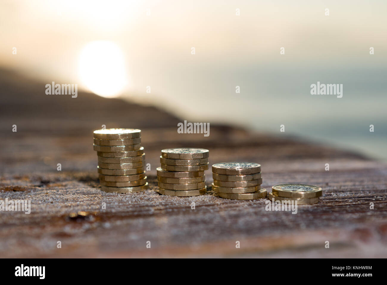 Picture of four piles British pound coins. UK Money, New Pounds in a ...