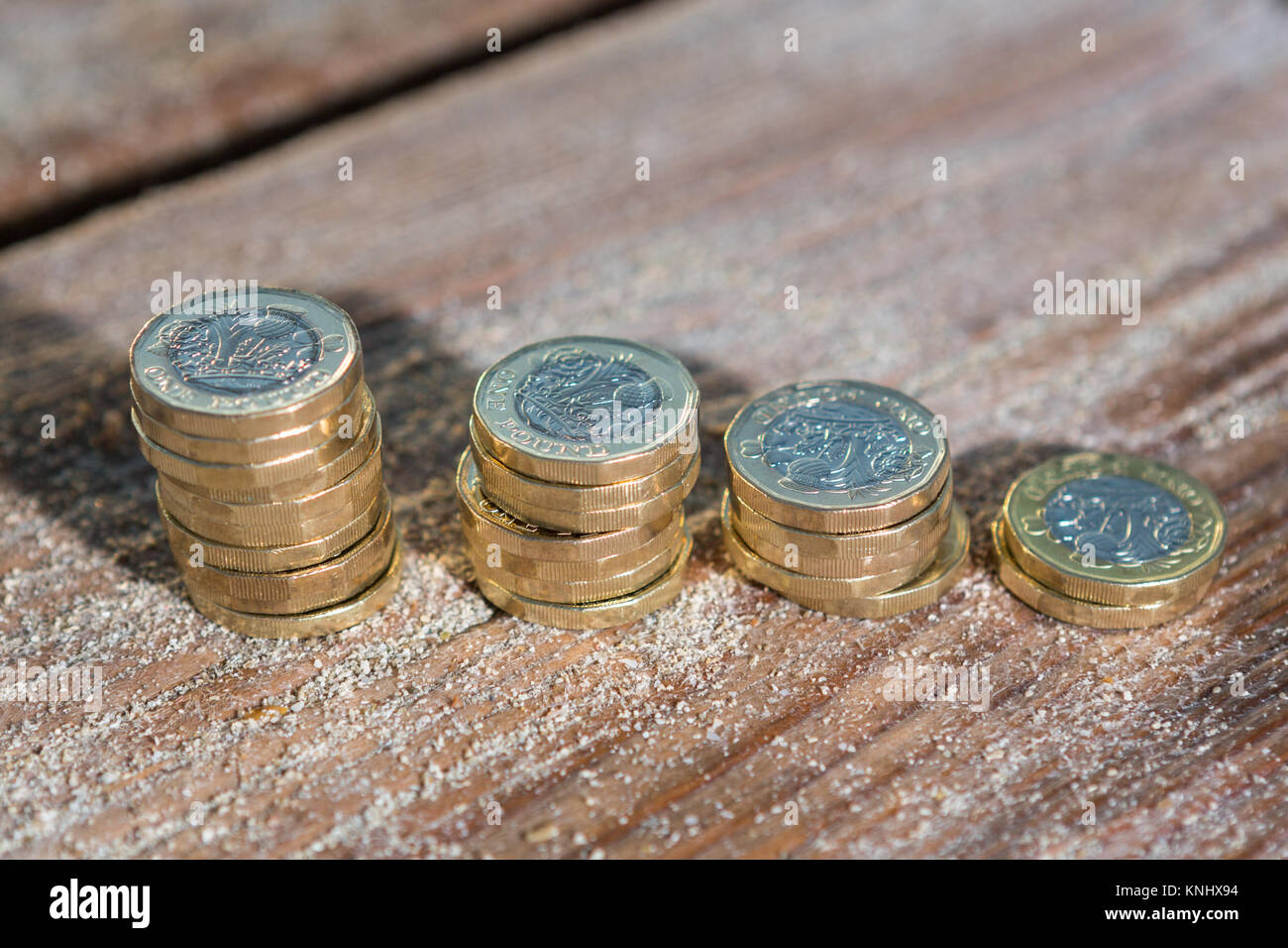 Picture of four piles British pound coins. UK Money, New Pounds in a ...