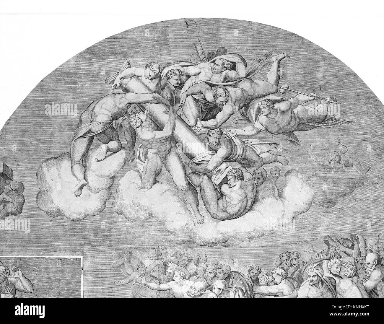 This artwork depicts angels carrying a pillar with saints below, part ...