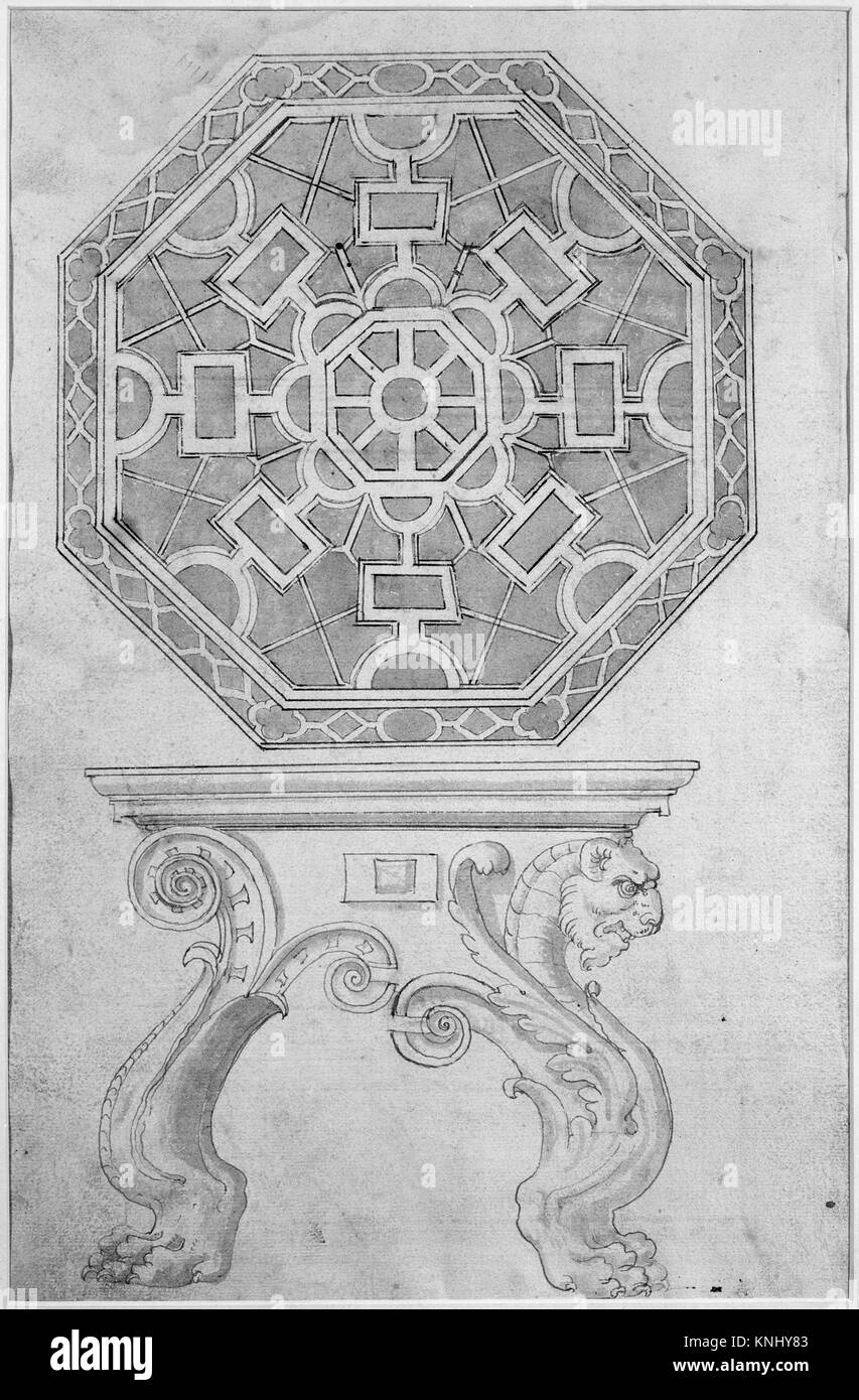 This design features an octagonal table and its top on the recto, while ...