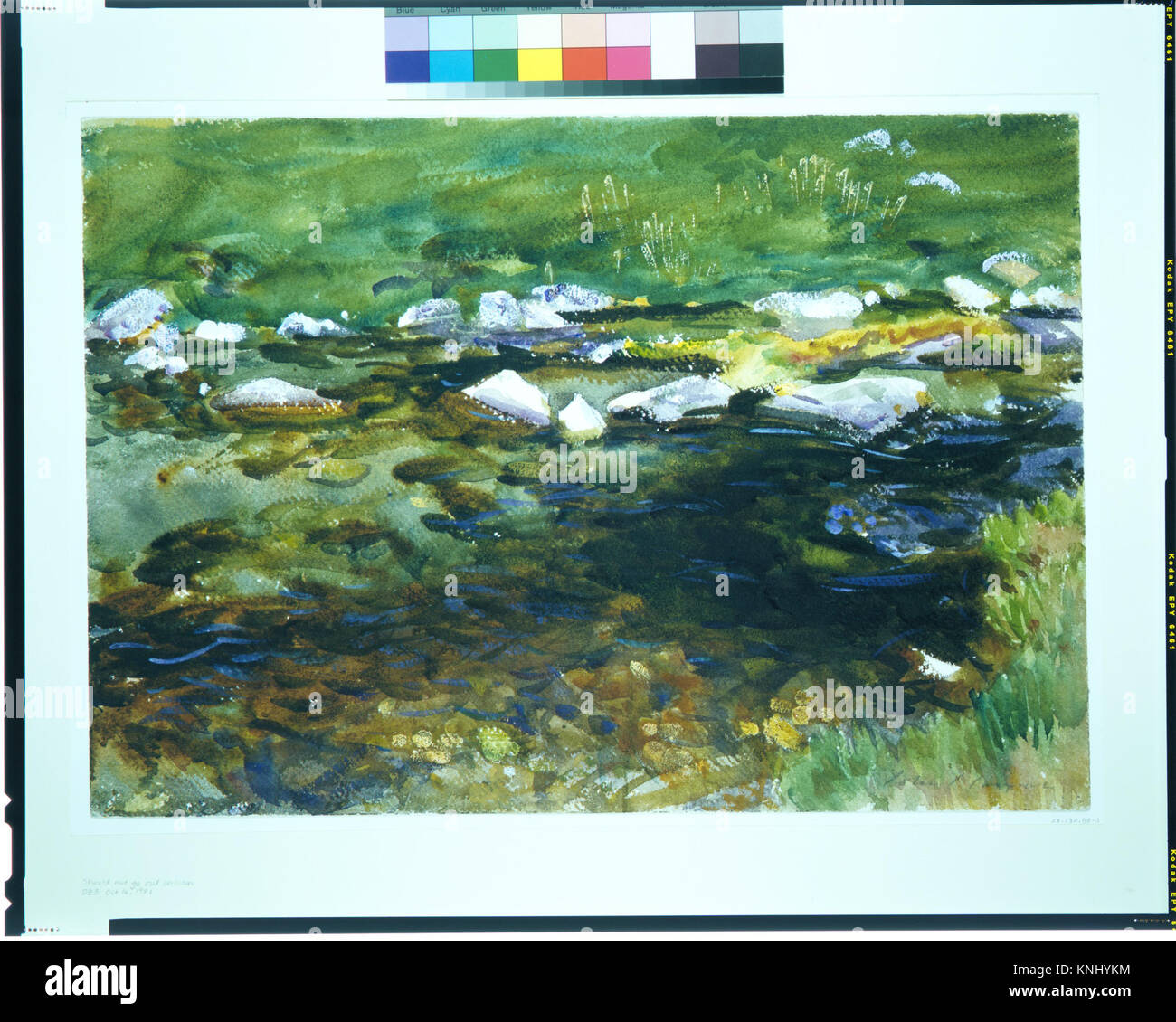 A serene natural landscape featuring a brook flowing through a meadow ...