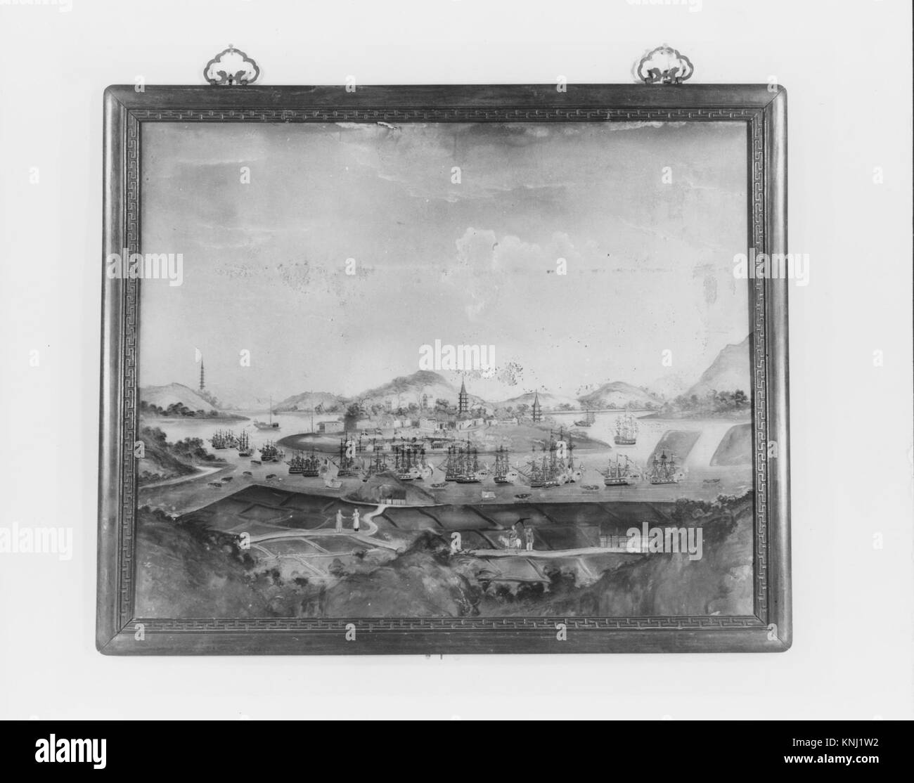 Painting showing a harbor with ships, cargo, dockside activity, and ...