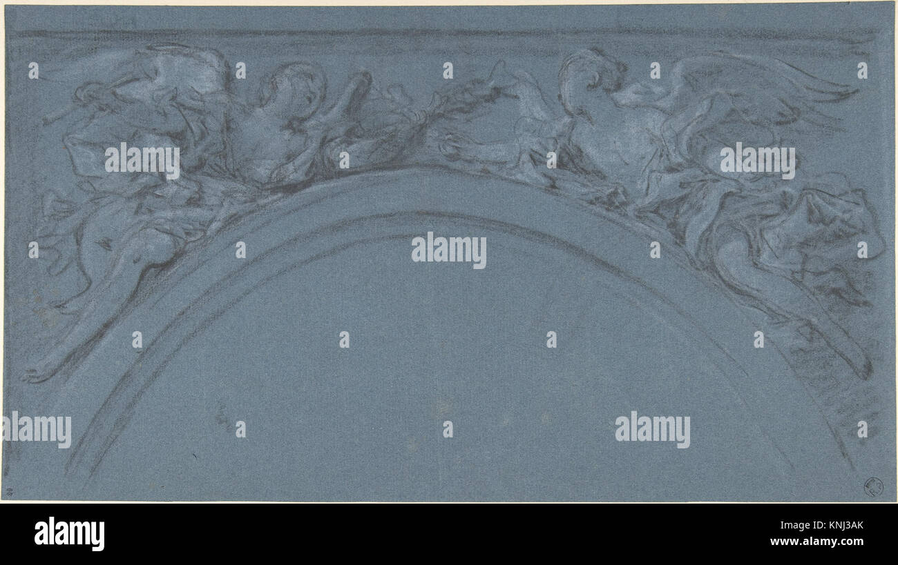 Architectural drawing showing two spandrels adorned with winged figures ...