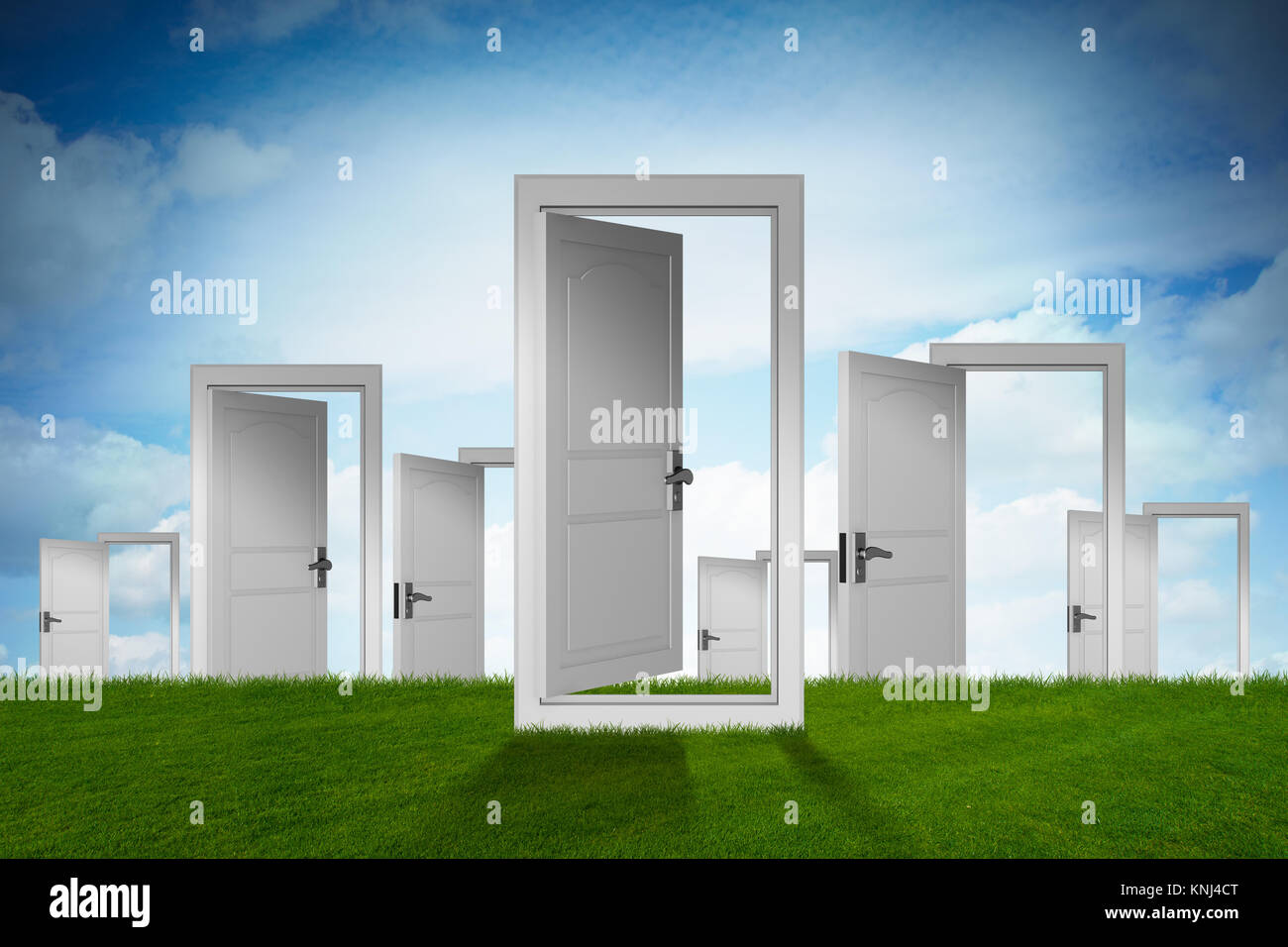 Concept of choice with many doors opportunity - 3d rendering Stock ...