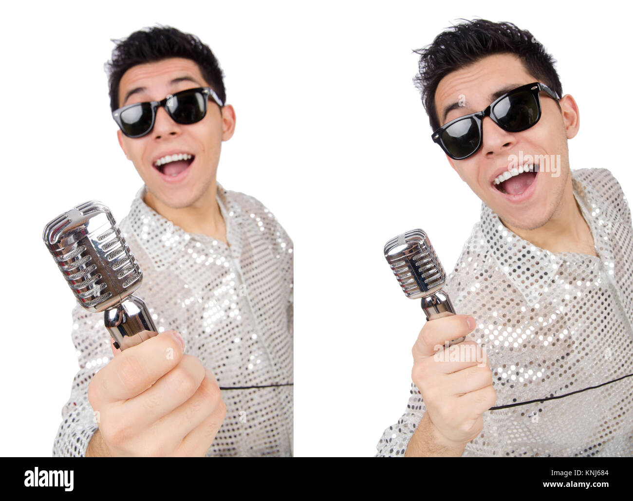 Man with mic isolated on white Stock Photo - Alamy