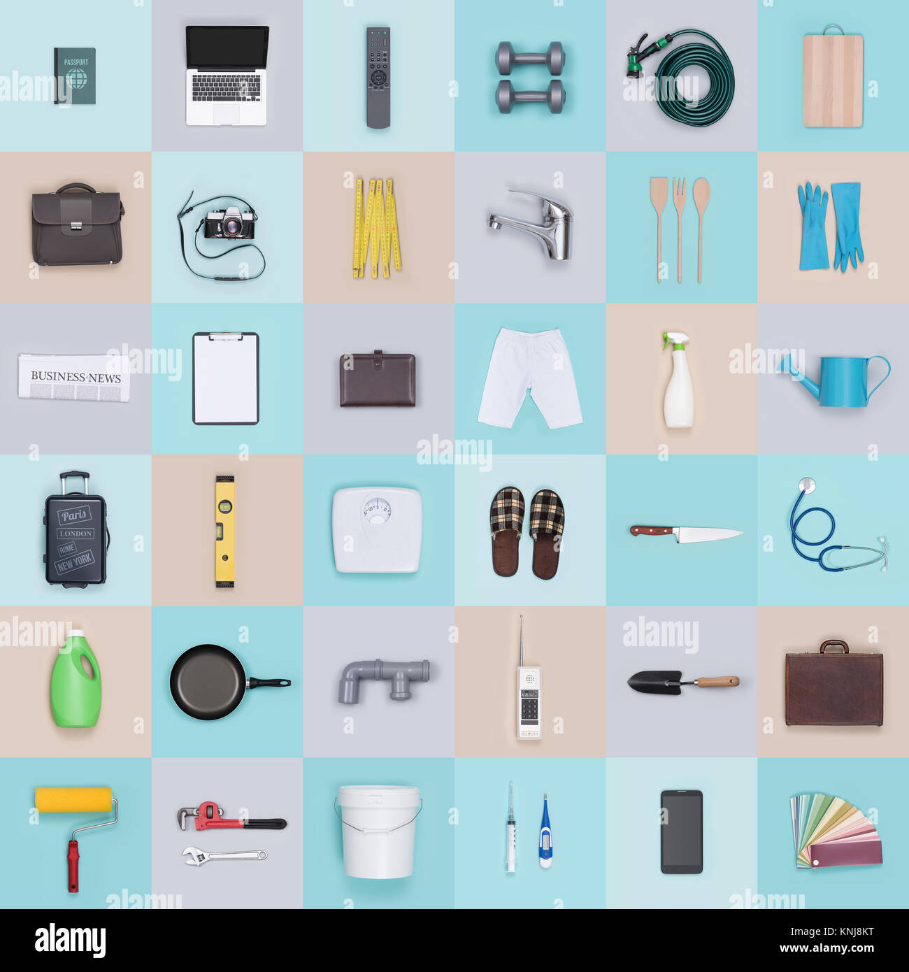 Mixed objects, items and tools on checked background Stock Photo - Alamy