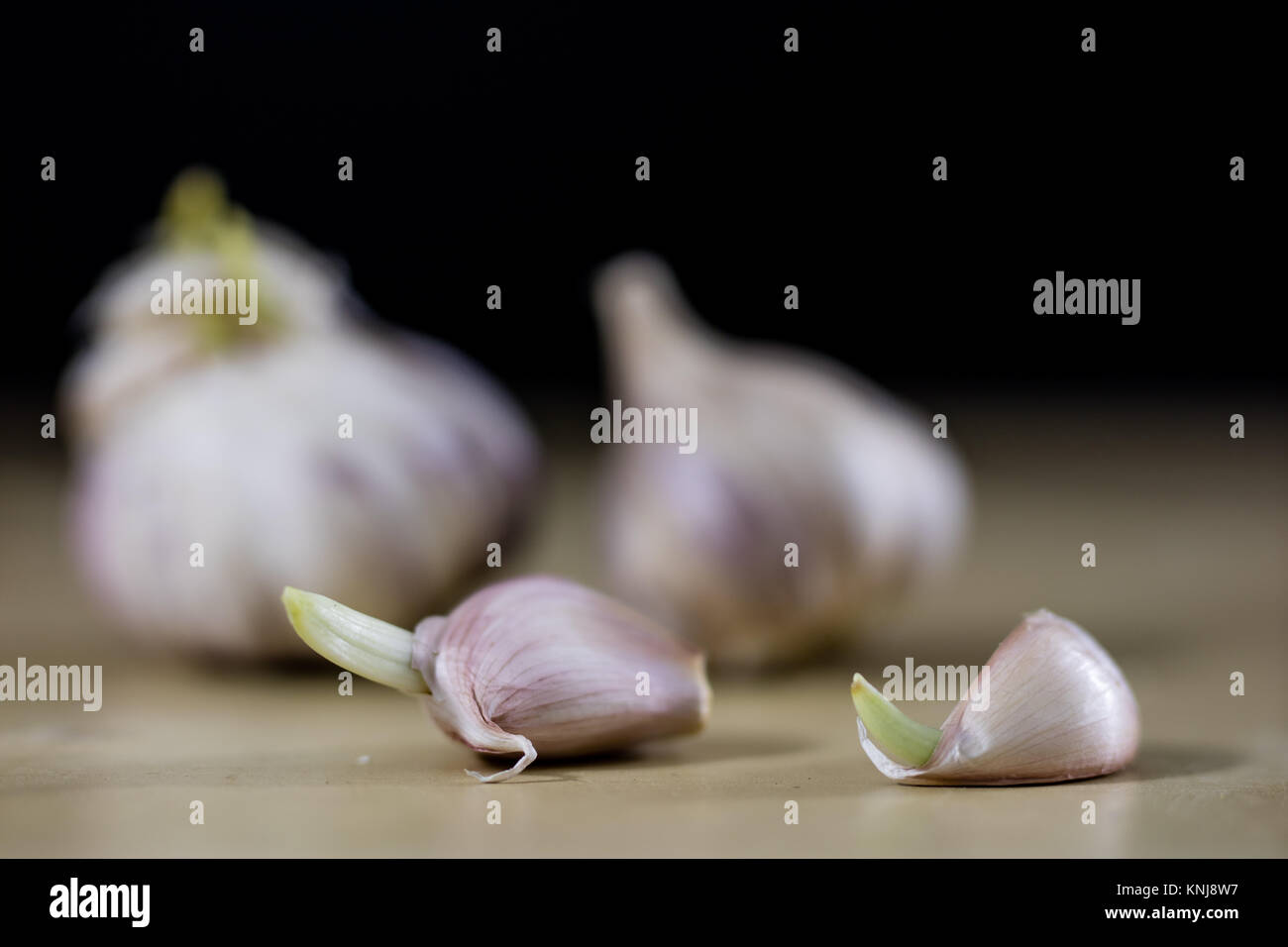 Sprouting cloves of garlic on a wooden table. Garlic with young sprouts ...