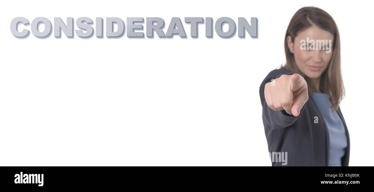 Business Woman pointing the text CONSIDERATION Business Concept Stock ...
