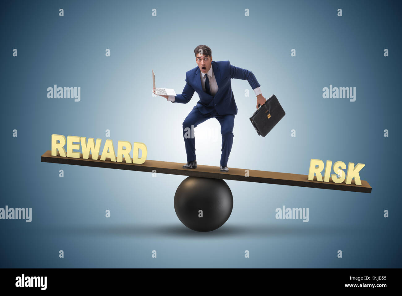 Businessman balancing between reward and risk business concept Stock ...
