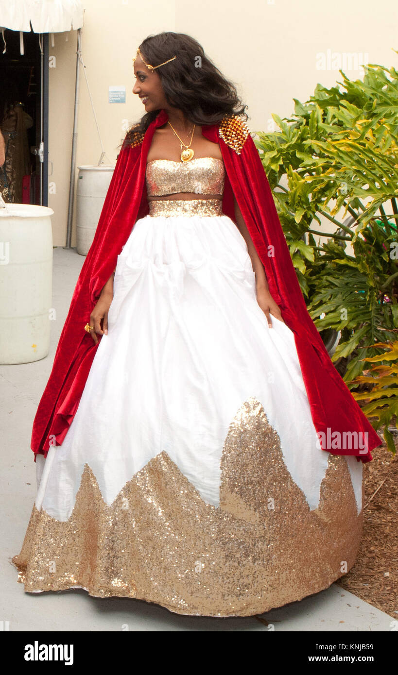 DORAL, FL - JANUARY 21: Hiwot Bekele, Miss Ethiopia 2014, tries on her ...
