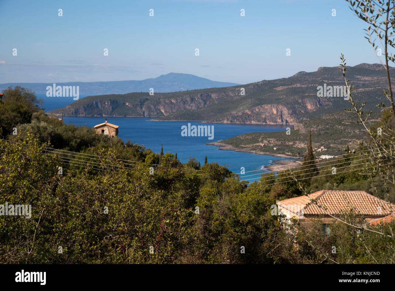 Bright blue sea in a natural bay on the Greek coast near Kardamyli on ...