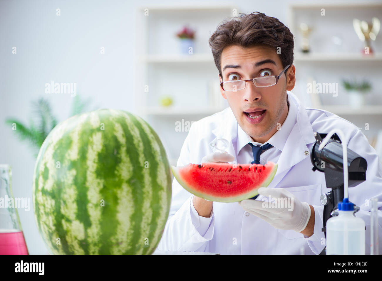 Scientist testing watermelon in lab Stock Photo - Alamy