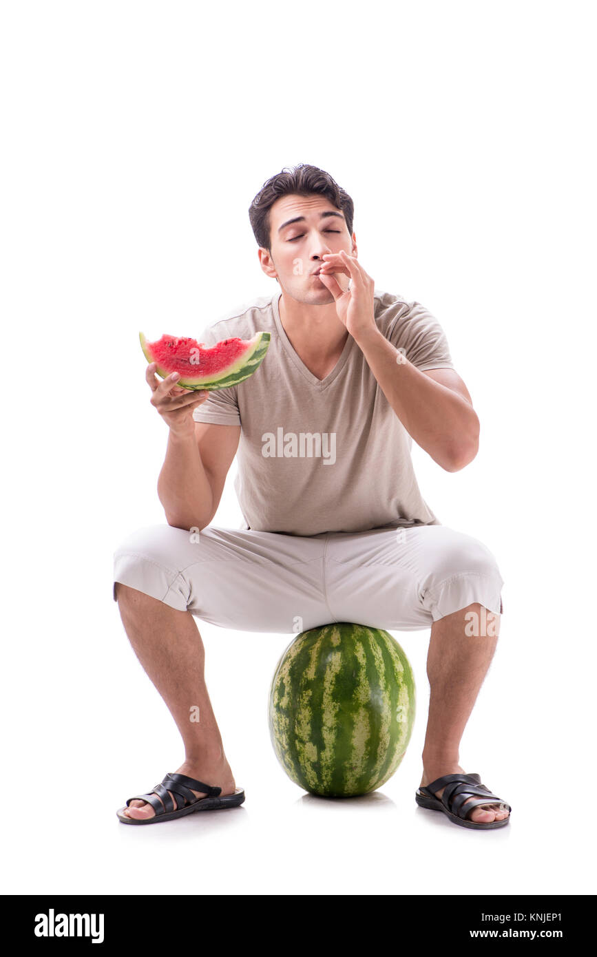 Young man with watermelon isolated on white Stock Photo - Alamy