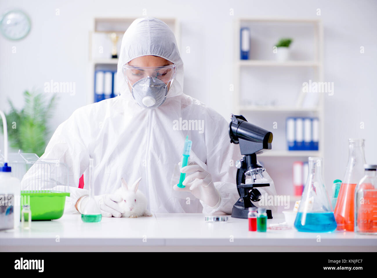 Scientist doing animal experiment in lab with rabbit Stock Photo - Alamy