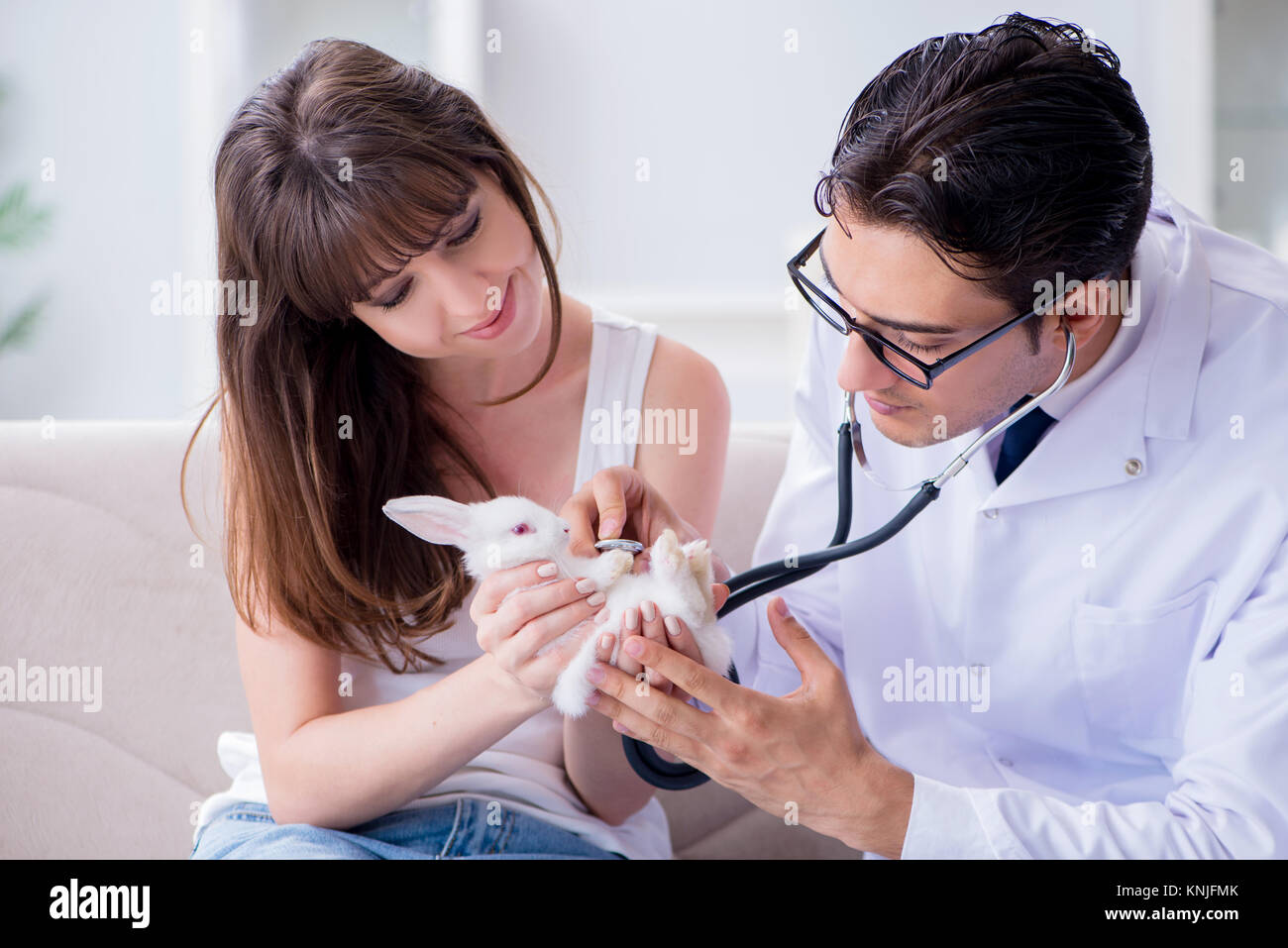 Woman with pet rabbit visiting vet doctor Stock Photo - Alamy