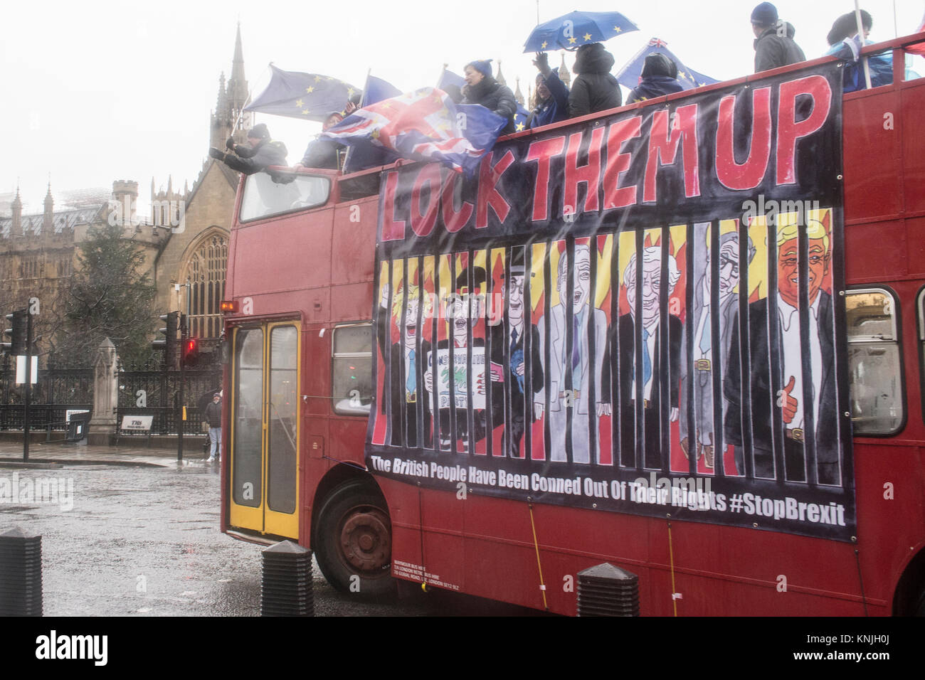 London, UK. 11th December 2017. Anti-Brexit protest on open top bus on ...