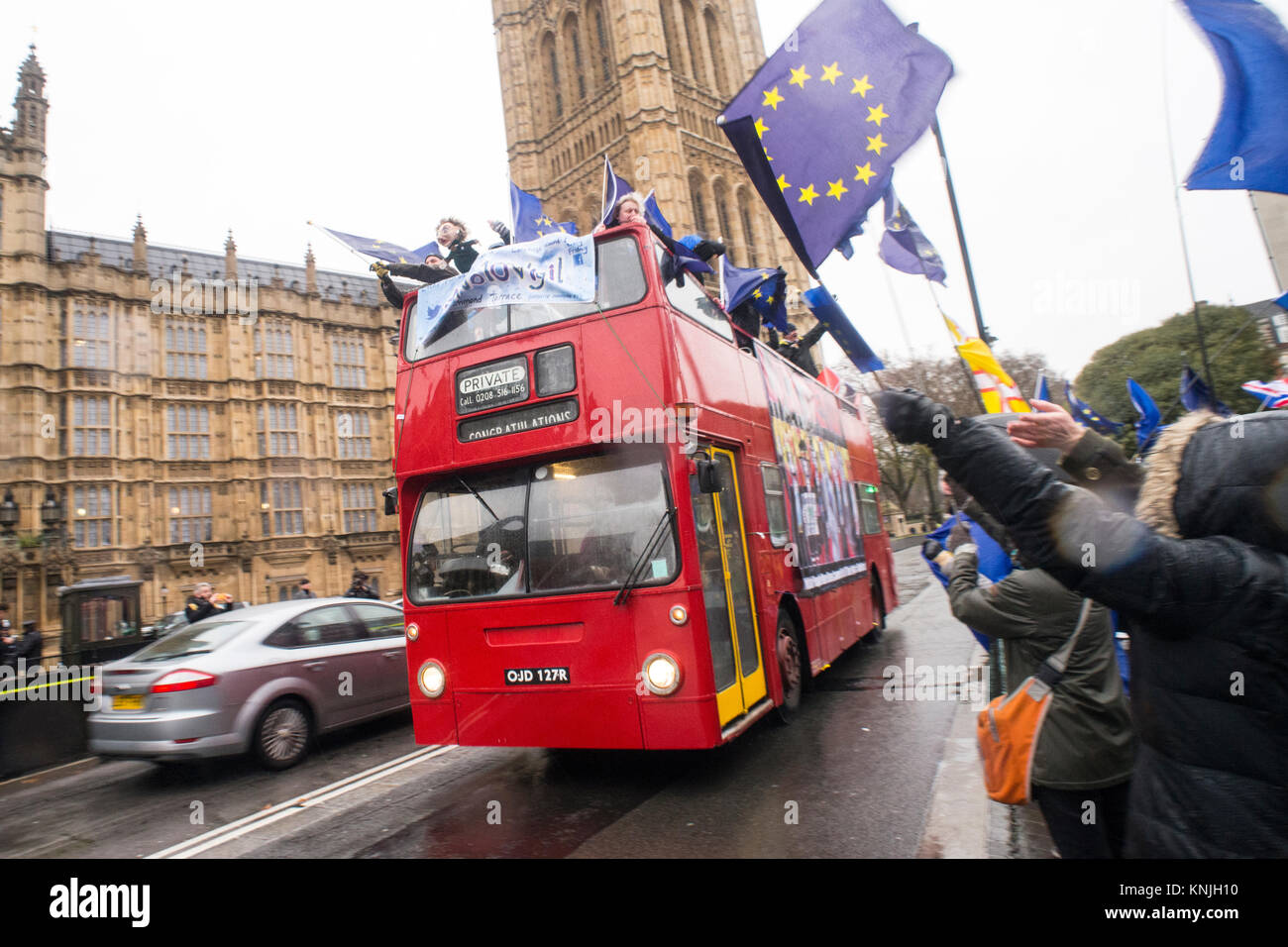 London, UK. 11th December 2017. Anti-Brexit protest on open top bus on ...