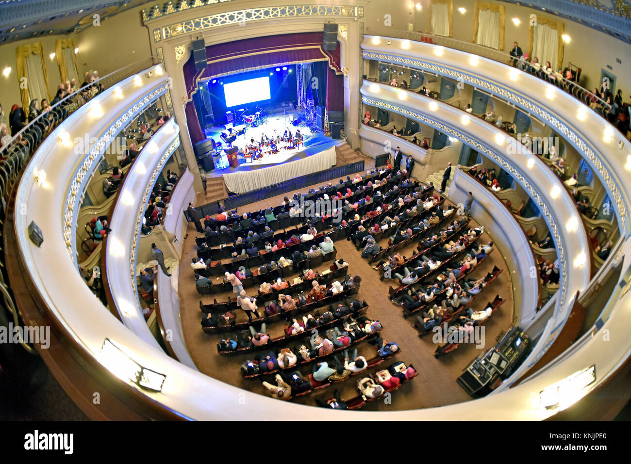 A view from the upper tier onto the stage and the auditorium at the ...