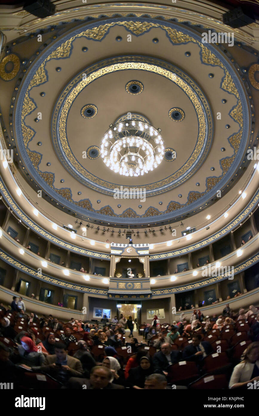 The royal box and vaulted ceiling in the auditorium of the opera house ...