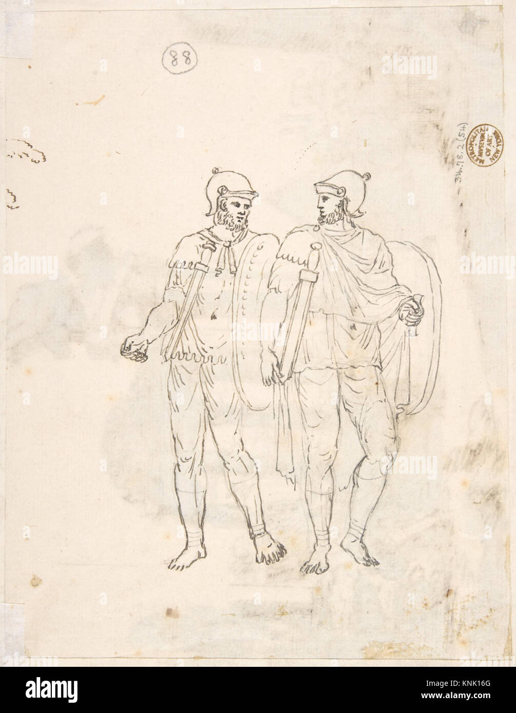 Classical Landscape with Ruins (recto); Two men in Roman military dress ...