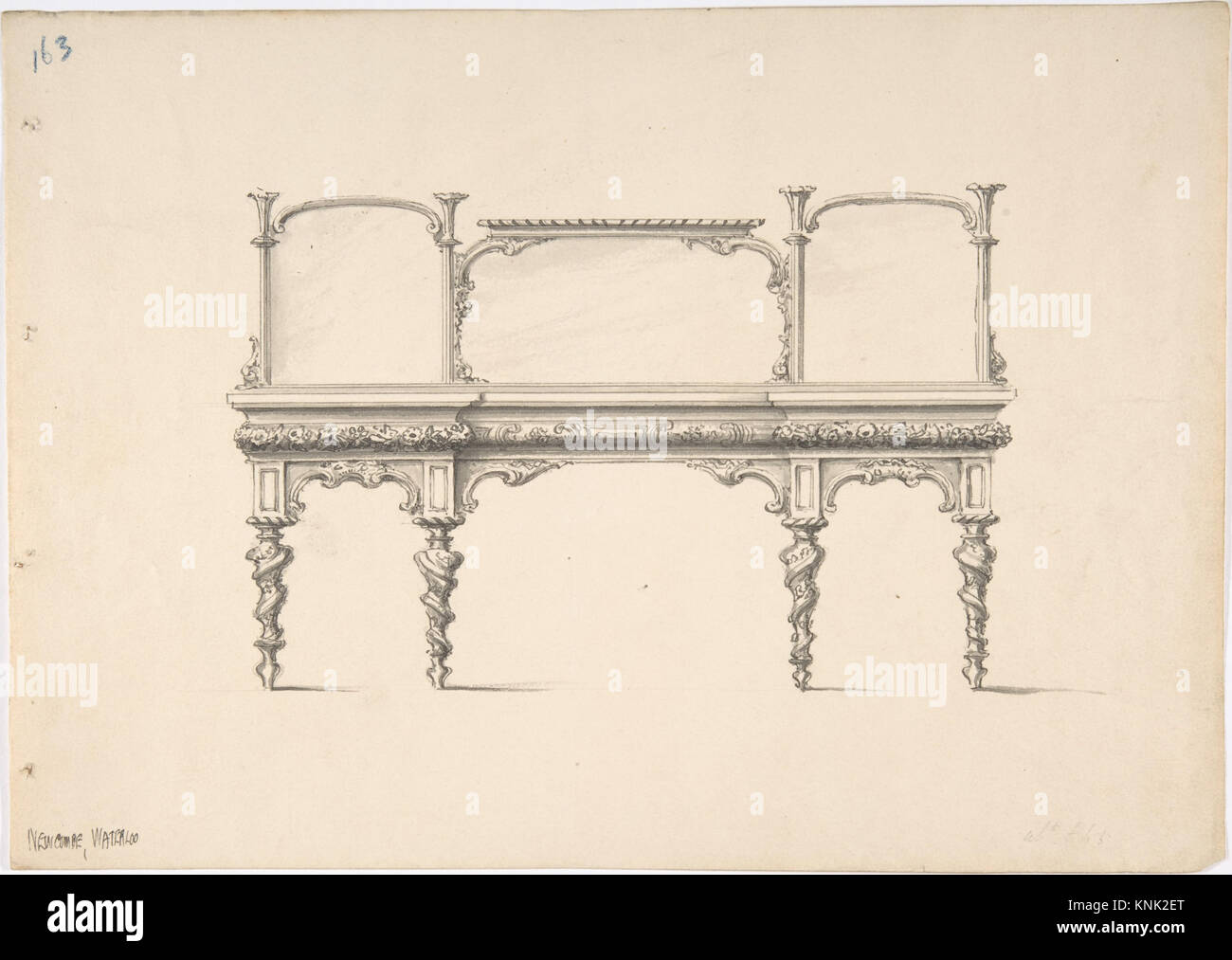 A design for a sideboard featuring mirrors and turned legs, showing ...