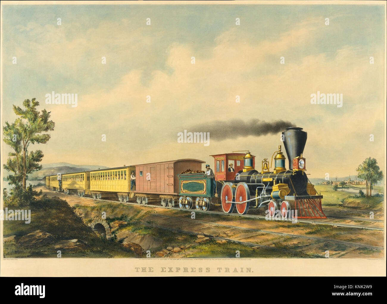 Hand-colored illustration of an express train drawn by Charles Algernon ...
