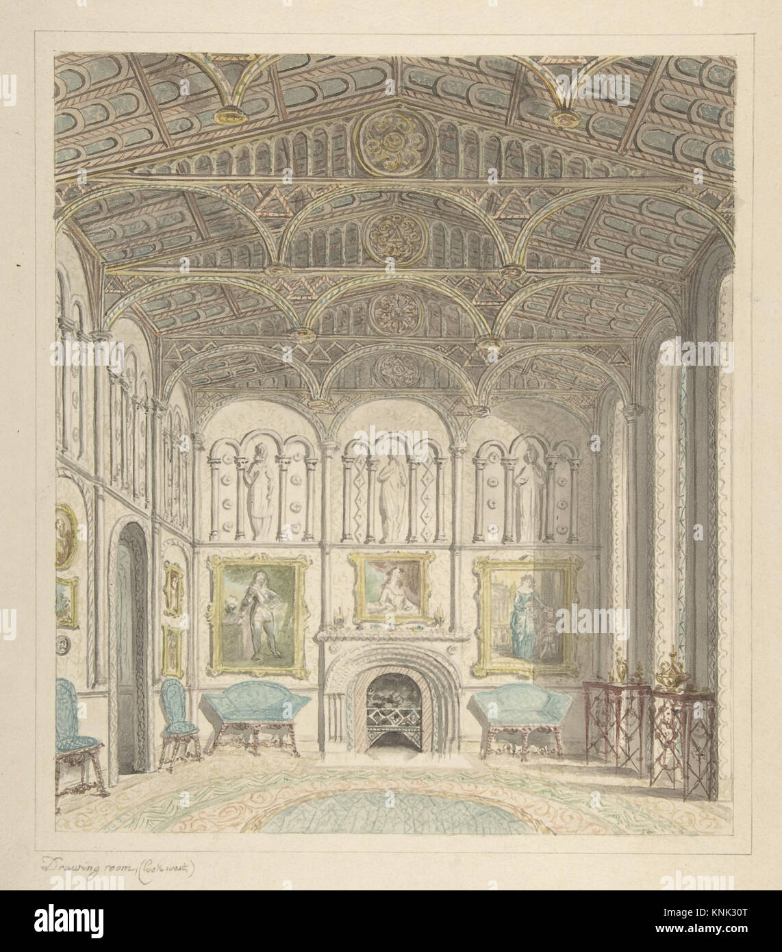 Interior drawing of the drawing room of Lea Castle, looking west, by ...