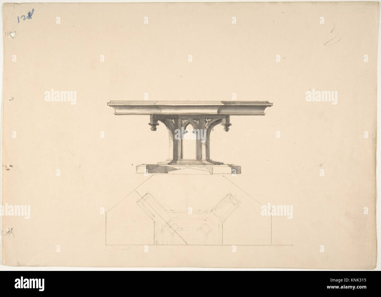 This drawing presents elevation and plan views of an octagonal Gothic ...