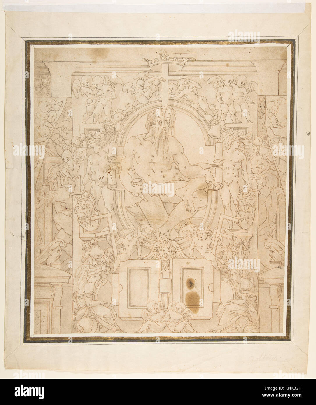 Design for a Wall Decoration with a River God and Putti carrying the ...