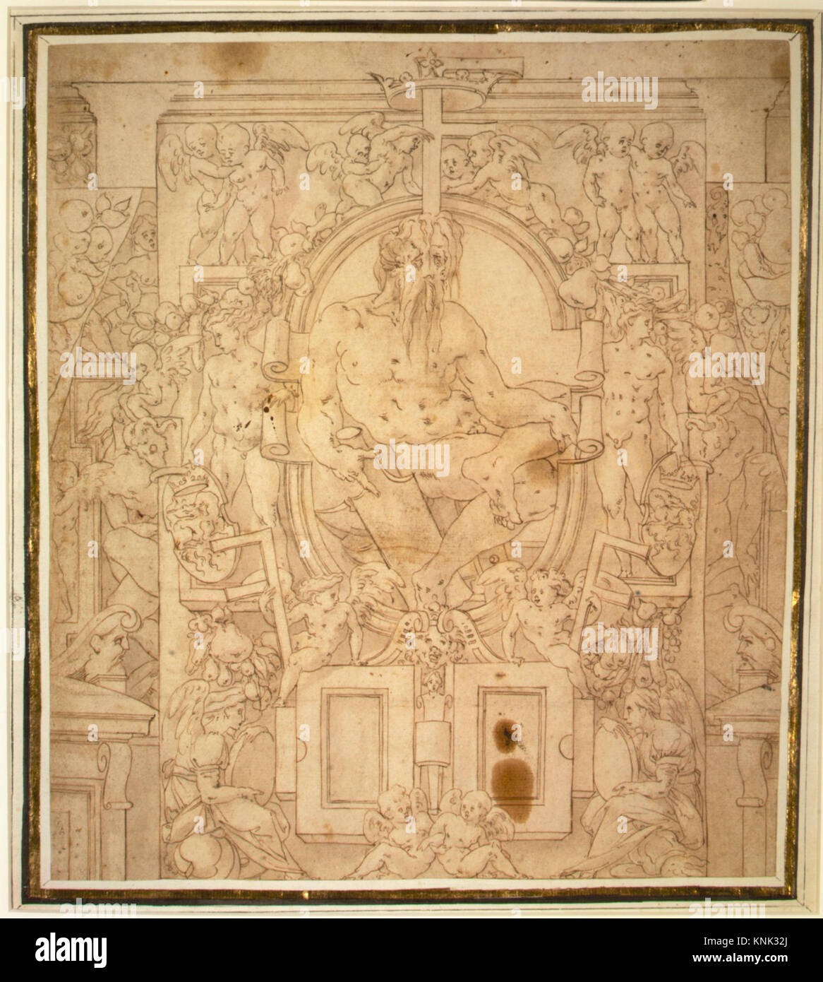 Design for a Wall Decoration with a River God and Putti carrying the ...