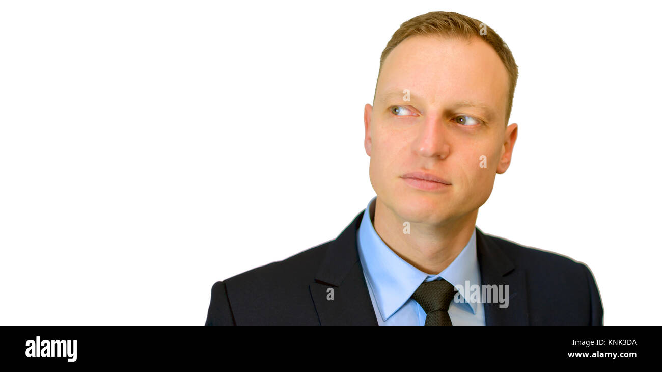 Handsome business man looking right on copy space place, body language ...