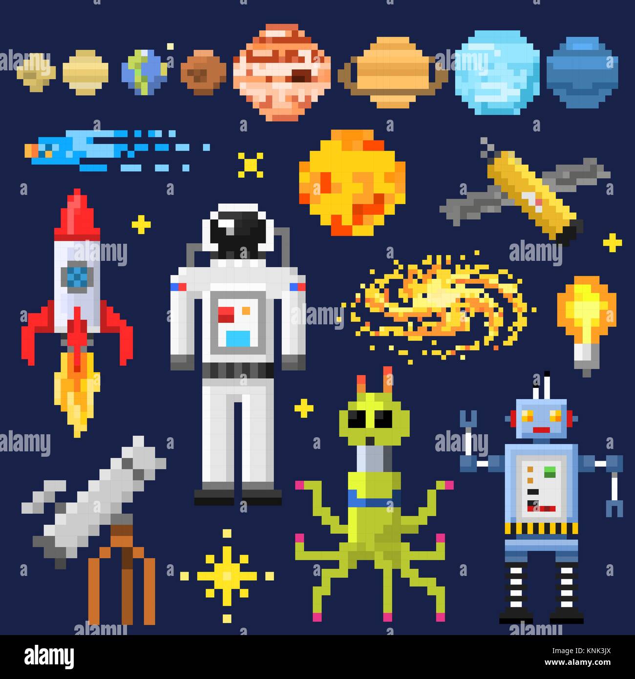 Set of space stars, alien spaceman, robot rocket and satellite cubes ...