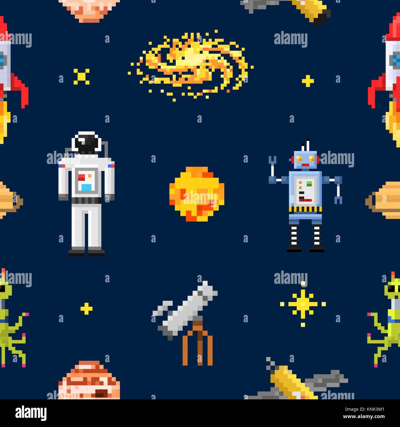 space seamless pattern background, alien spaceman, robot rocket and ...