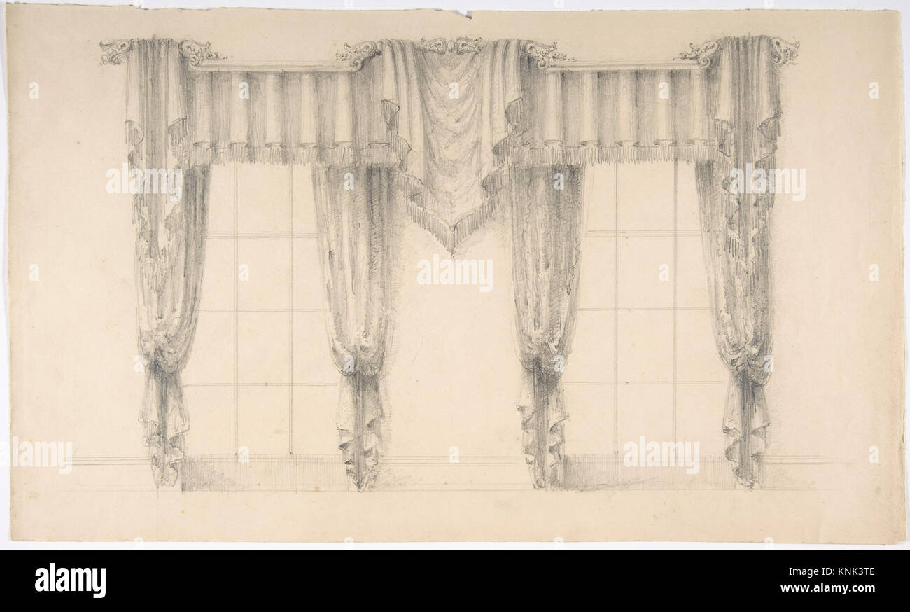 Design drawing of fringed curtains for two windows, showing drapery ...