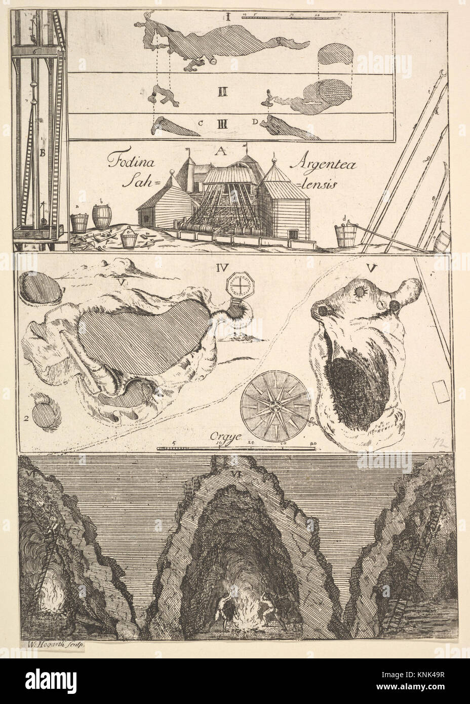 Illustration of the first silver mine at Sala, showing shafts, mining ...