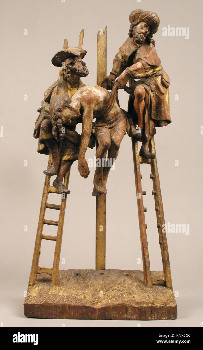 This artwork depicts the Descent from the Cross, illustrating figures ...