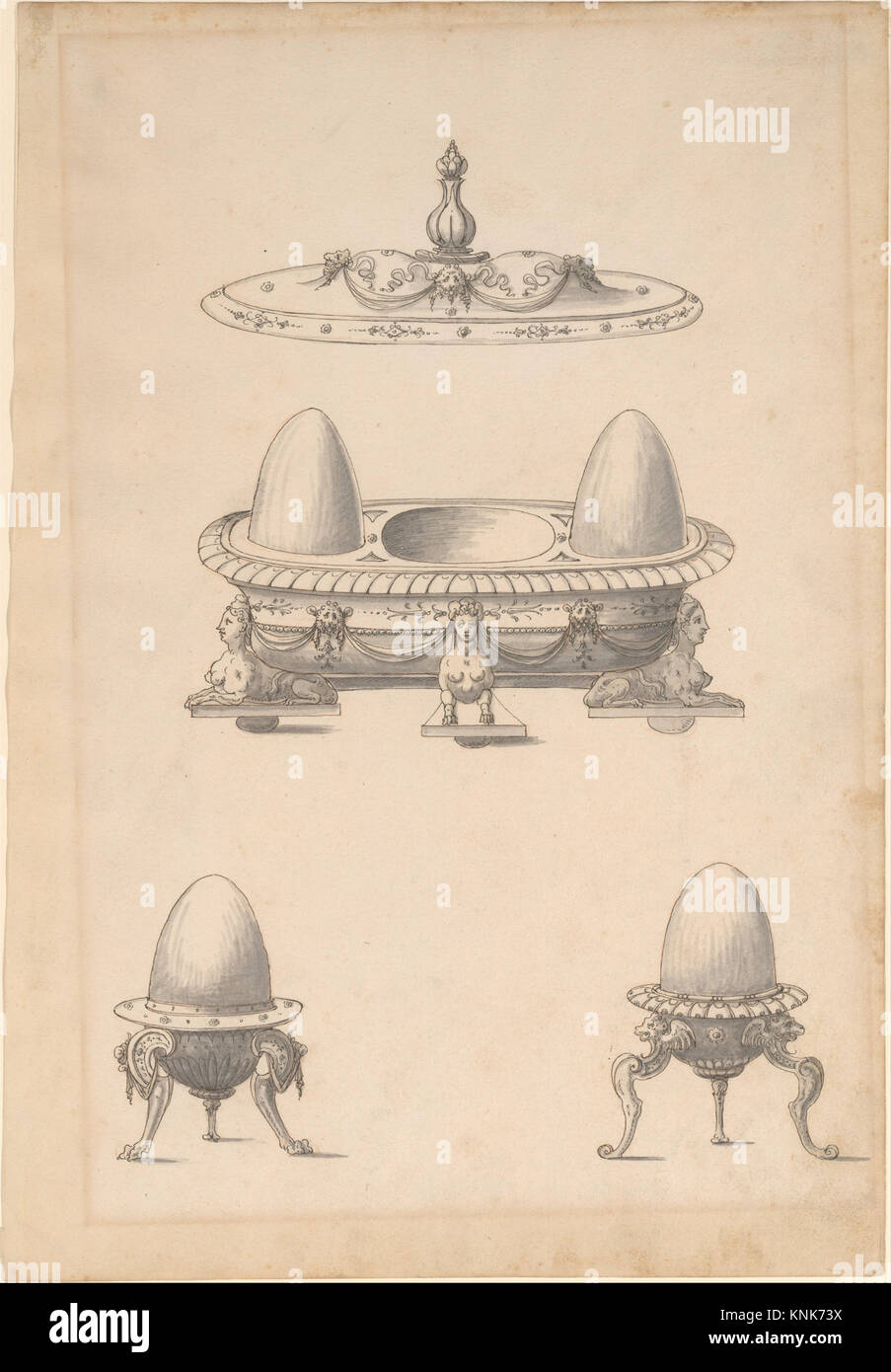 Design for Parade Egg Cups and Combined Egg Cup-Salt Cellar with Lid, 16th century, by Erasmus ...