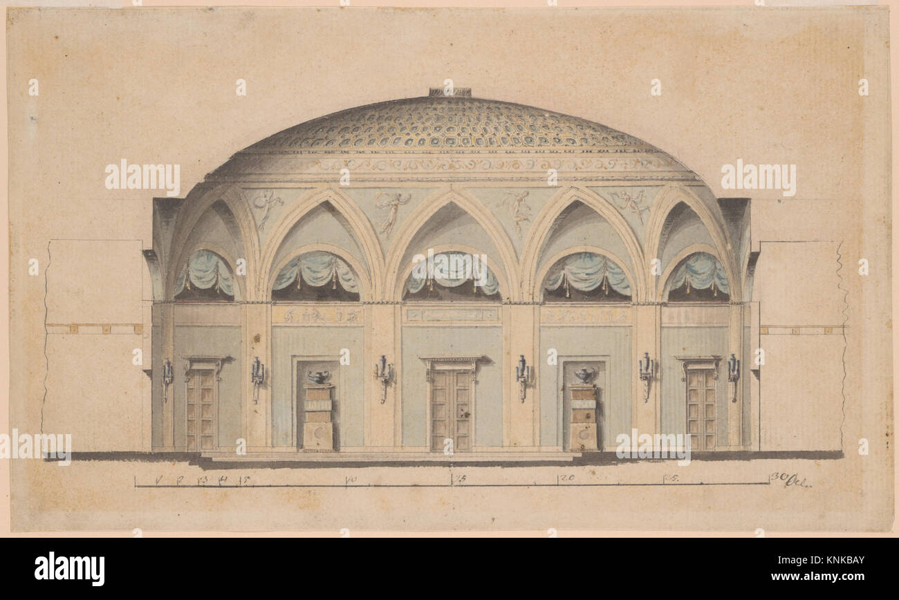 A 19th-century cross-section drawing of a domed room with urns and ...