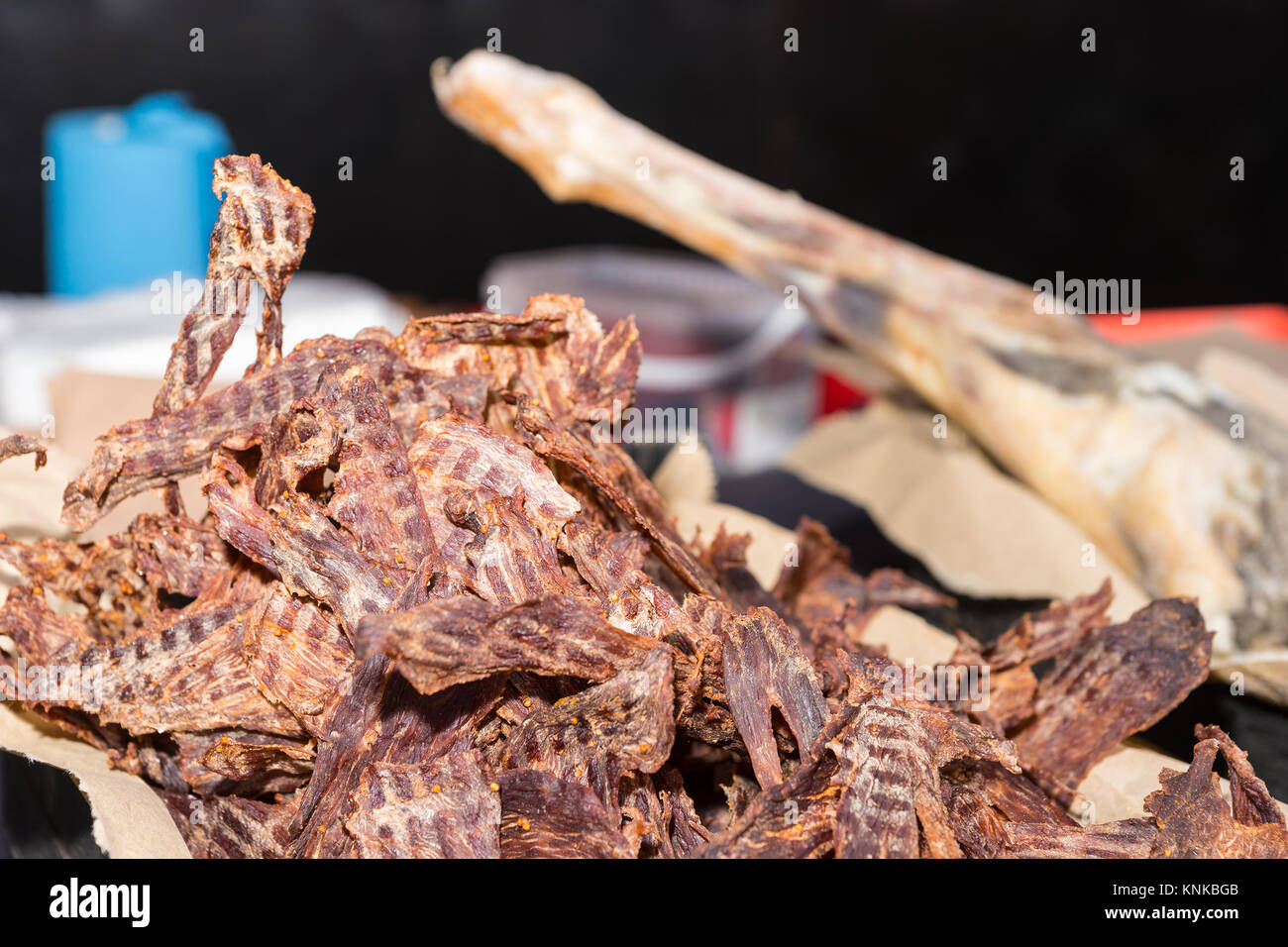 Spicy dried meat in a deep plate. Food and beverages concept Stock ...