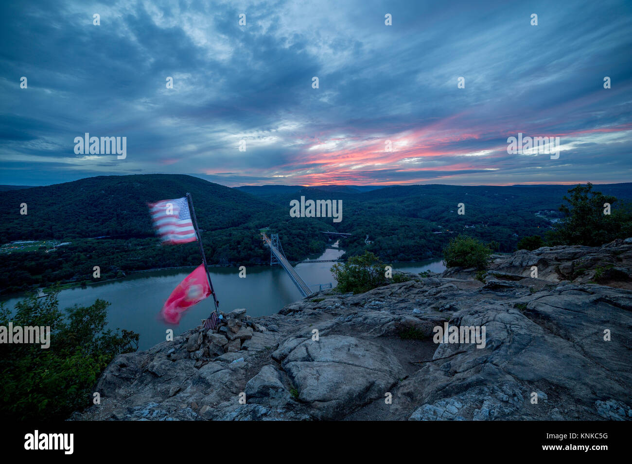 American and United States Marine Corps flags fly from Anthony's Nose ...