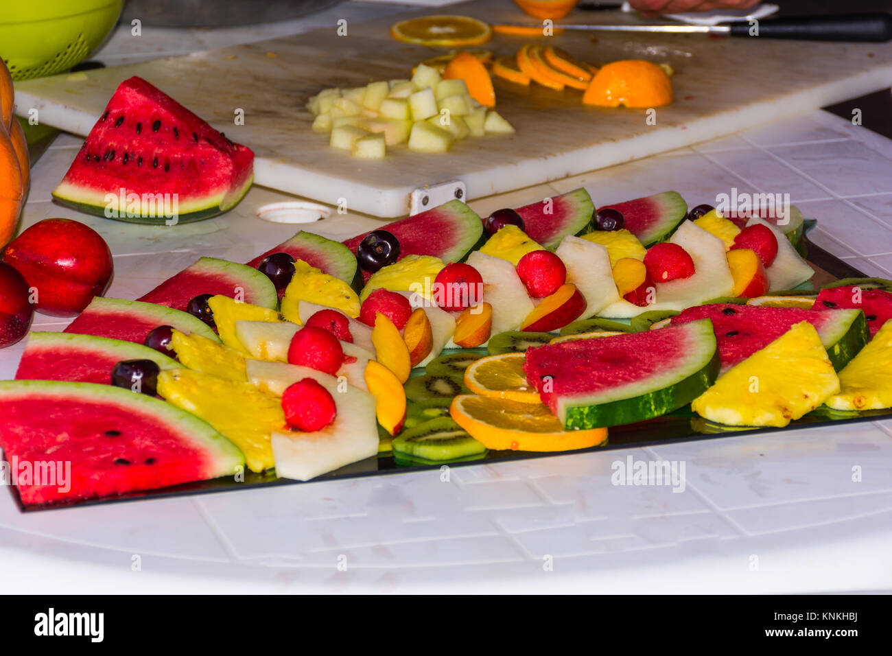 compositions or architecture of fresh fruit cut for buffets. typical ...