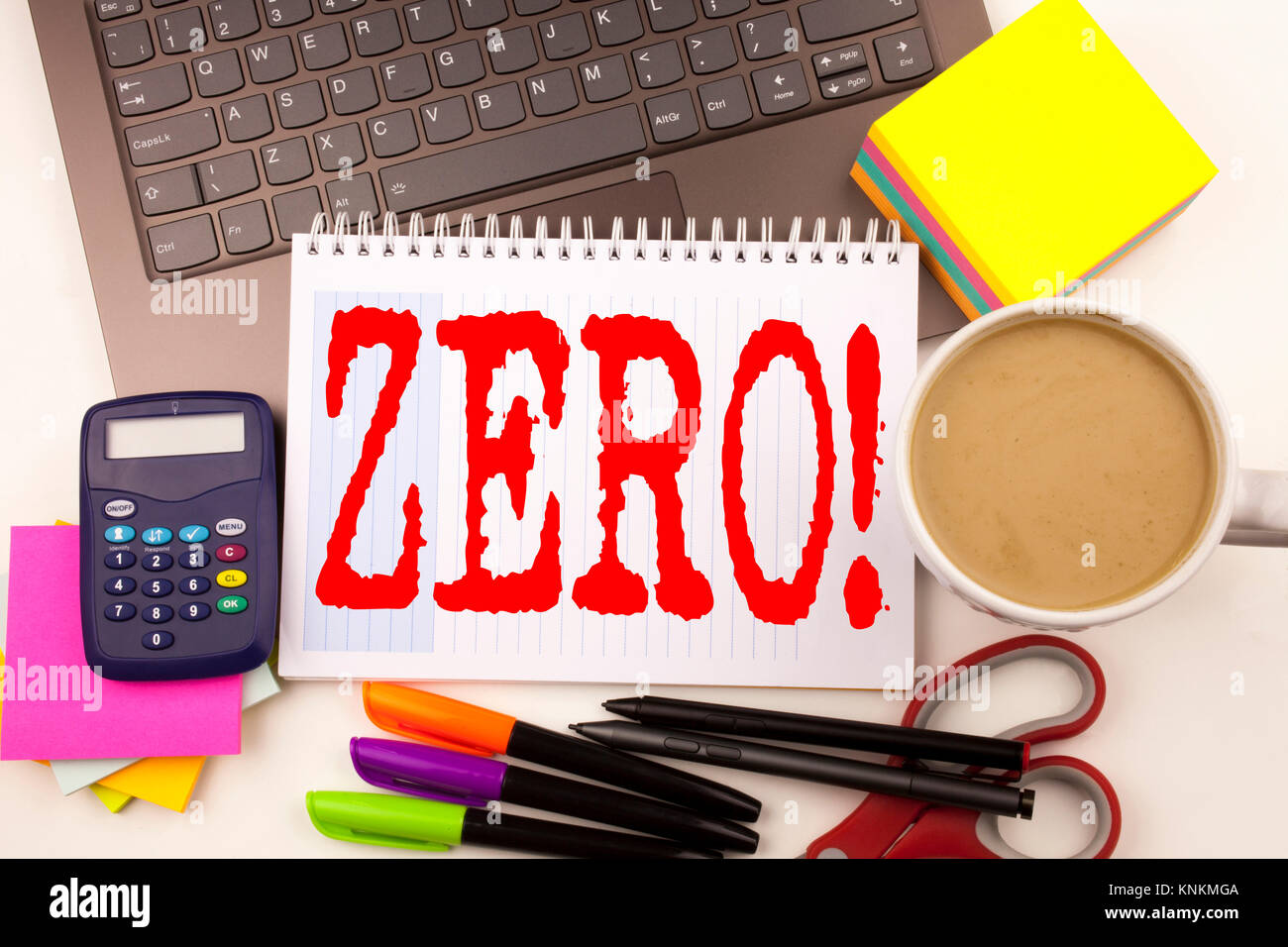 Word writing Zero in the office with laptop, marker, pen, stationery ...